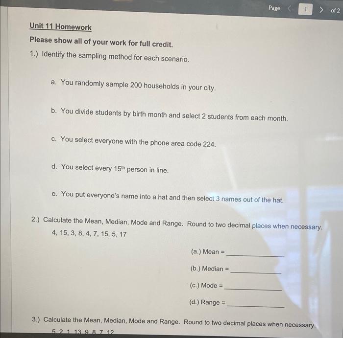 Solved Page of 2 Unit 11 Homework Please show all of your | Chegg.com