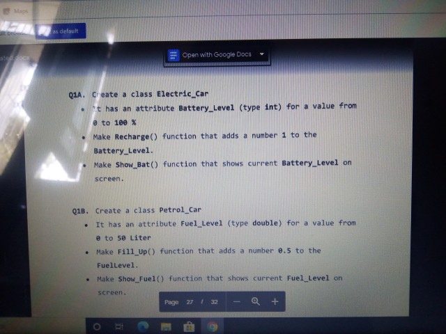 Solved Was default Open with Google Docs Q1A. Create a class | Chegg.com