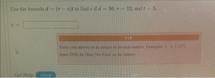 Solved Use the formula d = (rc)t to find e if d = 50, r= 12, | Chegg.com