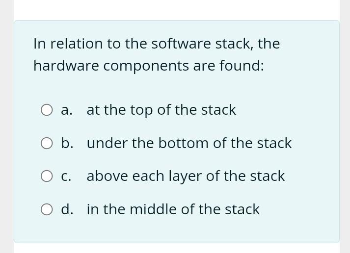 Solved In relation to the software stack, the hardware | Chegg.com