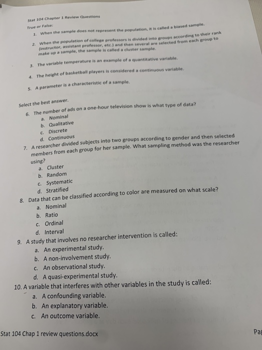 Solved Stat 104 Chapter 1 Review Questions True or False 1. | Chegg.com