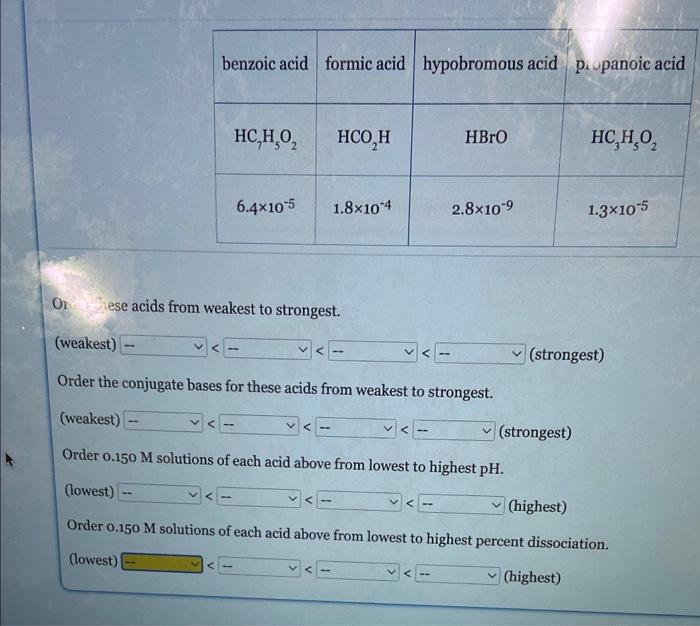 Solved ese acids from weakest to strongest. (weakest) Order | Chegg.com
