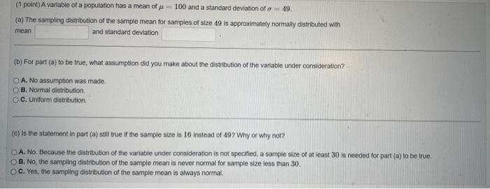 Solved (1 point) A variable of a population has a mean of | Chegg.com