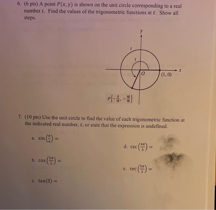 Solved 6. (6 pts) A point P(x,y) is shown on the unit circle | Chegg.com