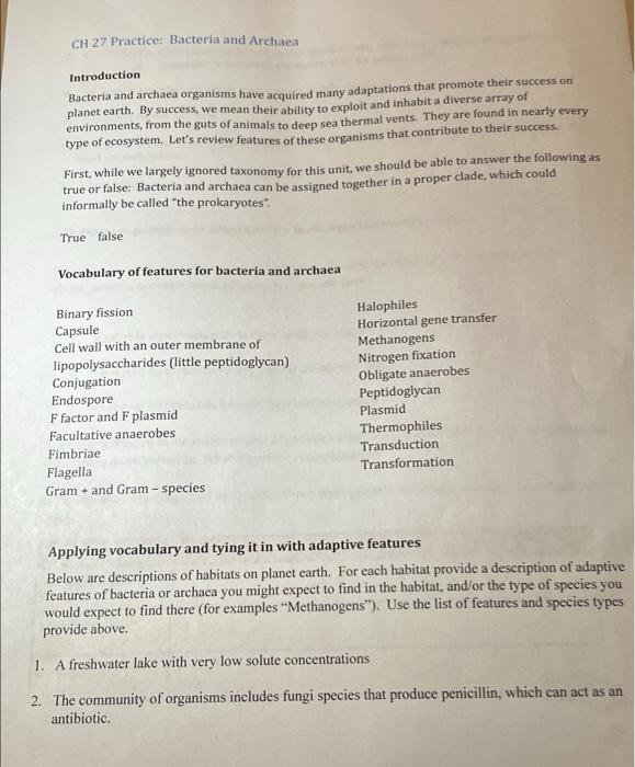 Solved CH 27 Practice: Bacteria and Archaea Introduction | Chegg.com