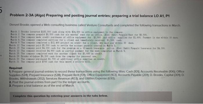 Solved Problem 2-3A (Algo) Preparing and posting journal | Chegg.com