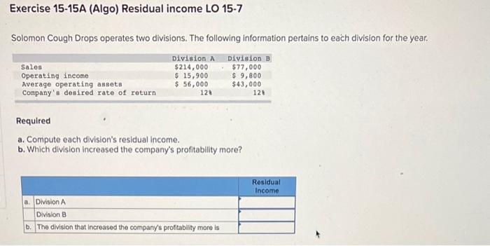 Solved Exercise 15 15a Algo Residual Income Lo 15 7 
