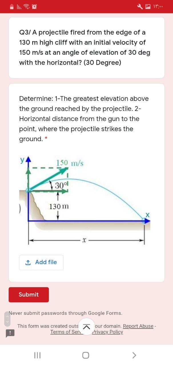 Solved ۱۳ ۰۰ Q3 A Projectile Fired From The Edge Of A 130 M