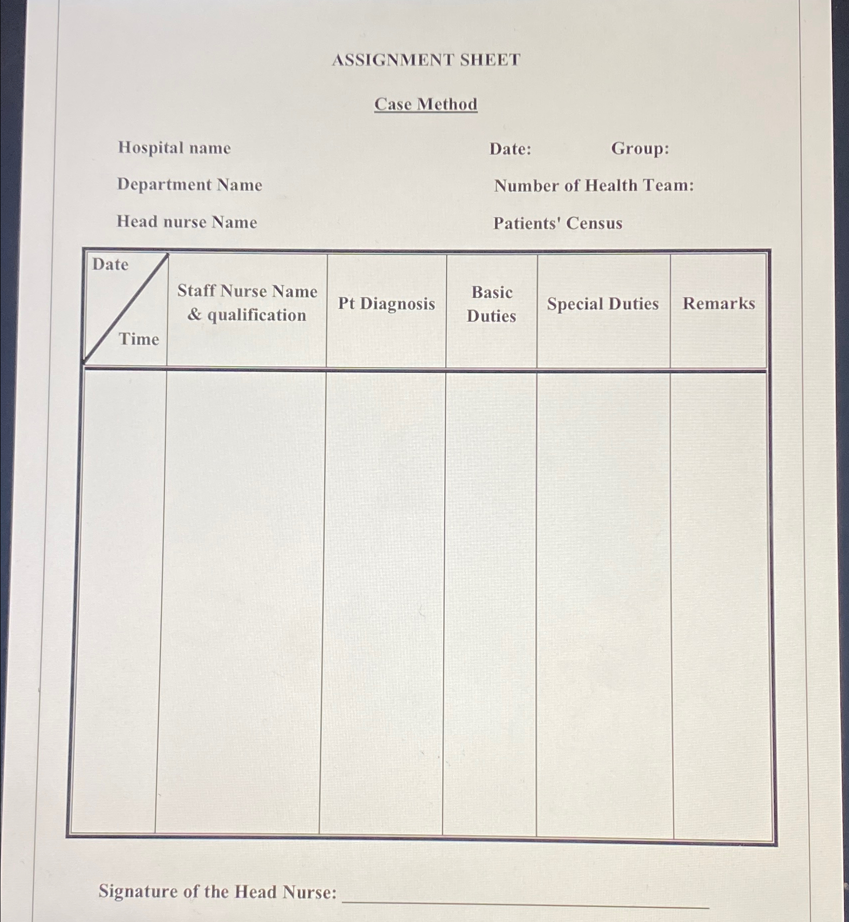 ASSIGNMENT SHEETCase MethodHospital nameDepartment | Chegg.com