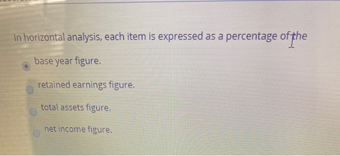 Solved In horizontal analysis, each item is expressed as a | Chegg.com