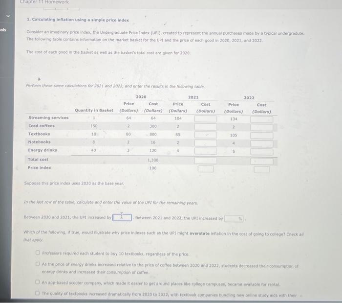 Solved 1. Calculating infiation using a simple price index | Chegg.com