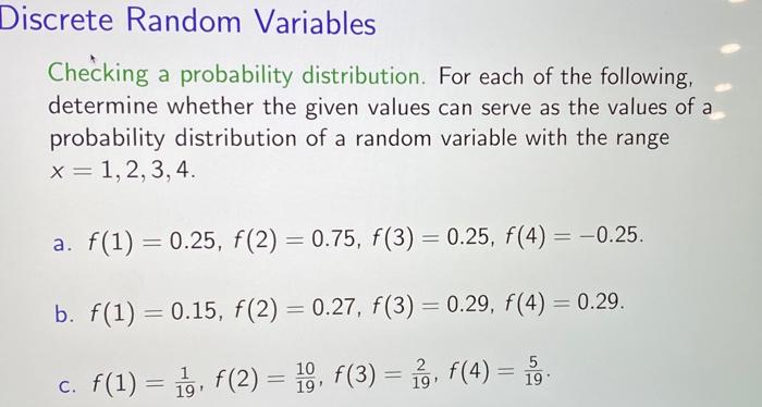Solved Discrete Random Variables Checking a probability | Chegg.com