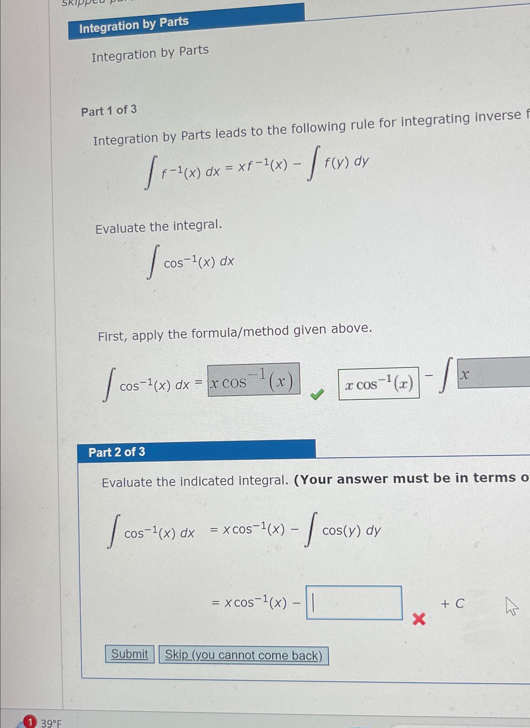 Solved Integration by PartsIntegration by PartsPart 1 ﻿of | Chegg.com