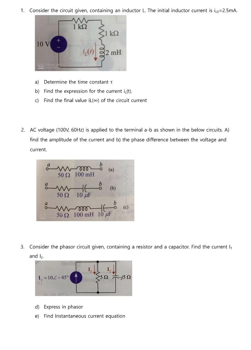 Solved 1. Consider the circuit given, containing an inductor | Chegg.com