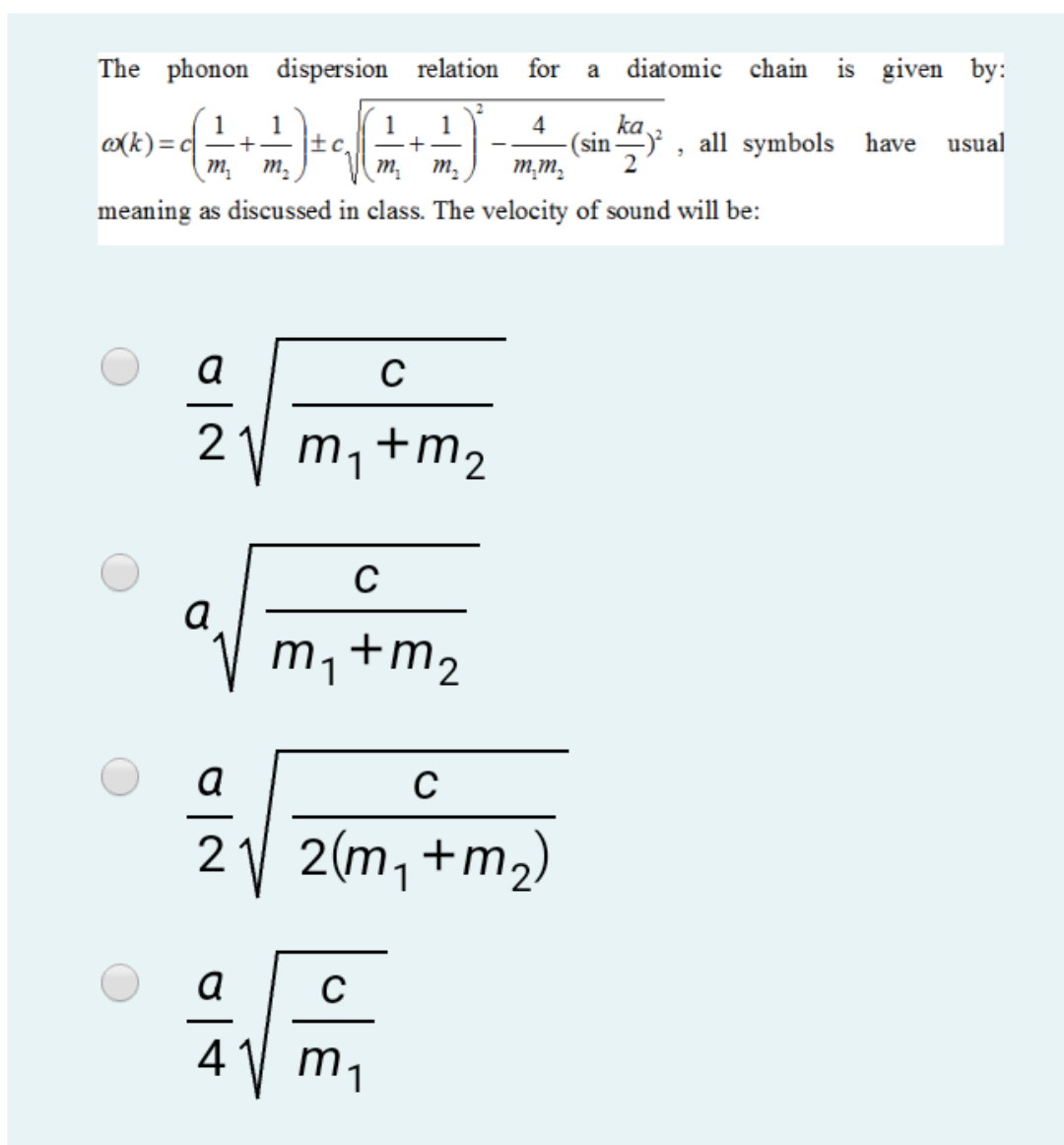 Solved The phonon dispersion relation for a diatomic chain | Chegg.com