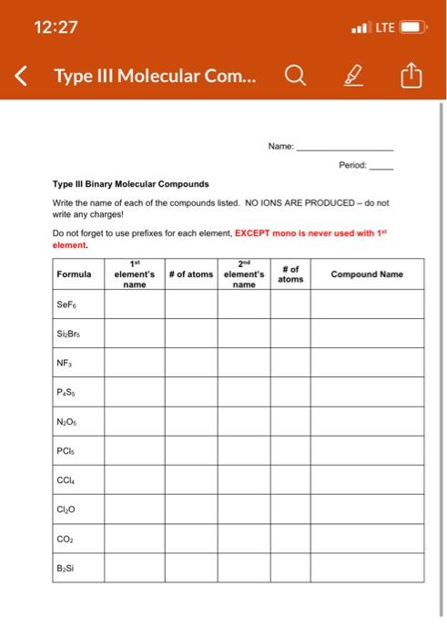 Solved Type III Binary Molecular Compounds Write the name of | Chegg.com