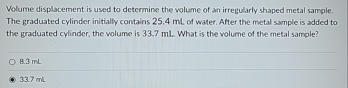 Volume displacement is used to determine the volume | Chegg.com