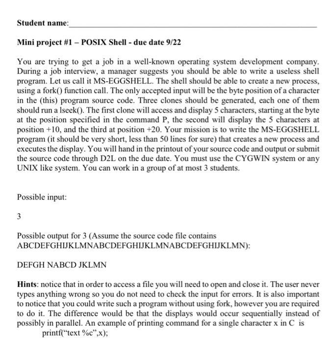 Mini project #1 - POSIX Shell - due date 9/22 You are | Chegg.com