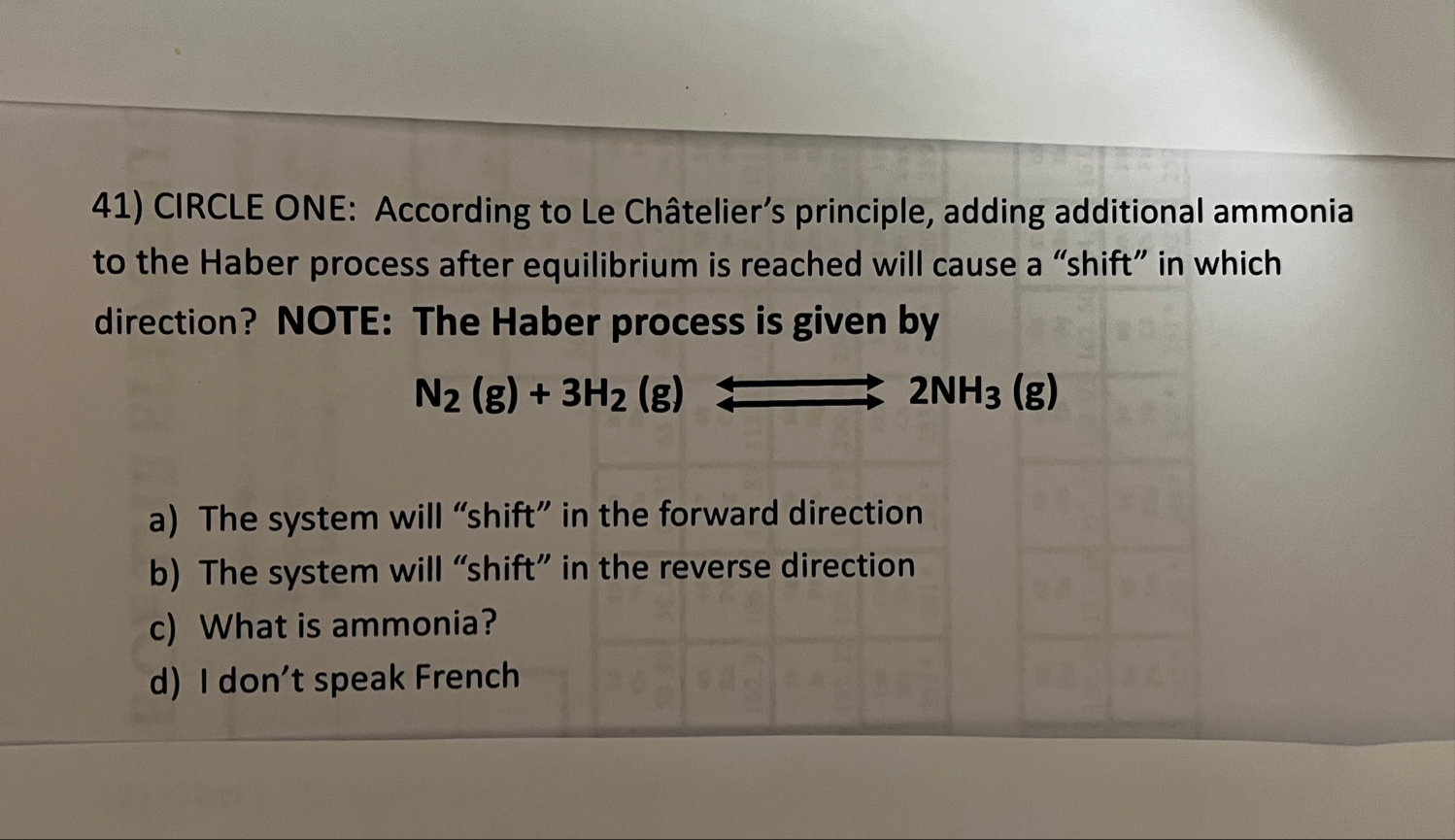 Solved CIRCLE ONE: According to Le Châtelier's principle, | Chegg.com