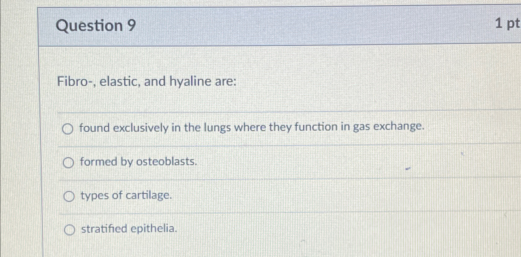 Solved Question 9Fibro-, ﻿elastic, and hyaline are:found | Chegg.com
