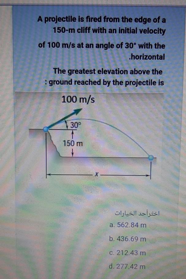 Solved A projectile is fired from the edge of a 150-m cliff | Chegg.com