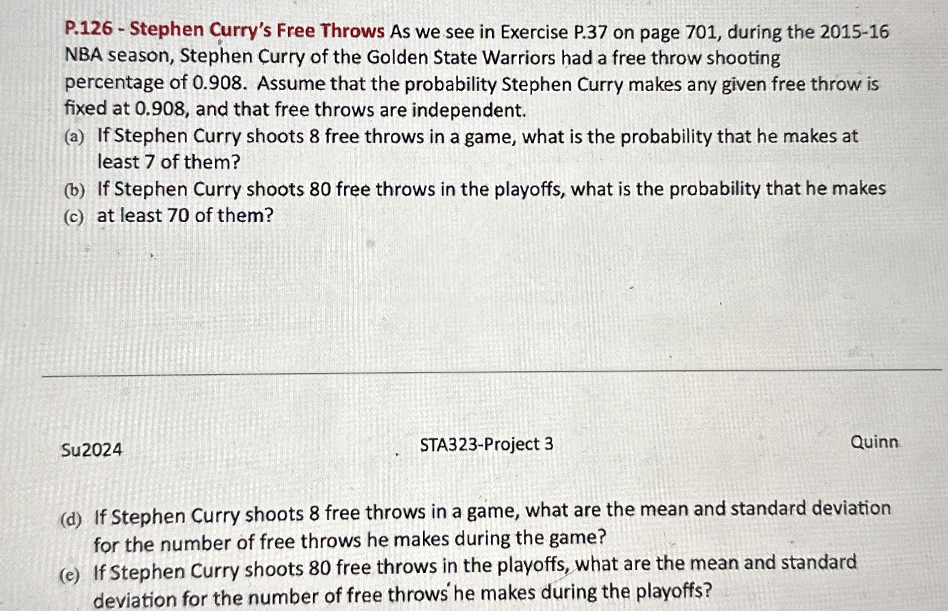 Solved P. 126 - ﻿Stephen Curry's Free Throws As we see in | Chegg.com