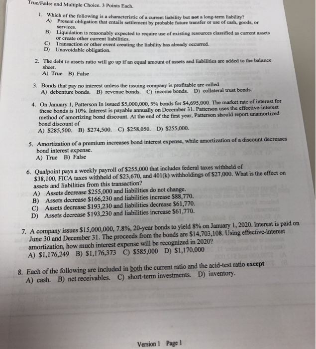 Solved True/False and Multiple Choice. 3 Points Each. 1. | Chegg.com