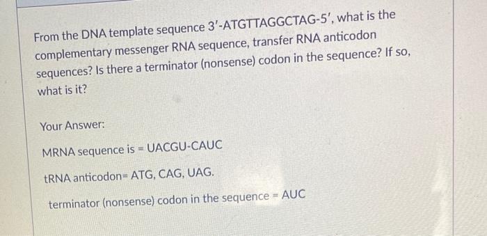 Solved From the DNA template sequence 3'-ATGTTAGGCTAG-5', | Chegg.com
