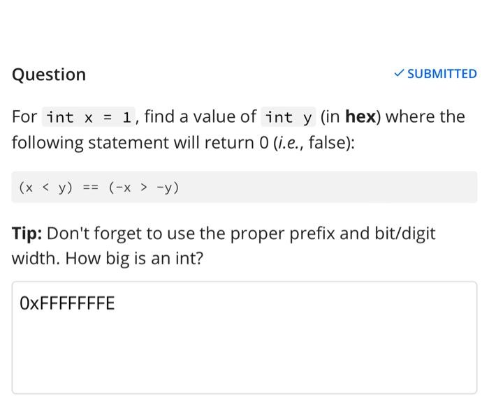 Solved For int x=1, find a value of int y (in hex) where the | Chegg.com