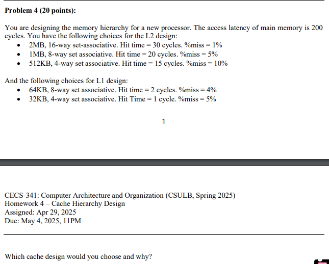 Solved Problem 4 (20 ﻿points):You are designing the memory | Chegg.com