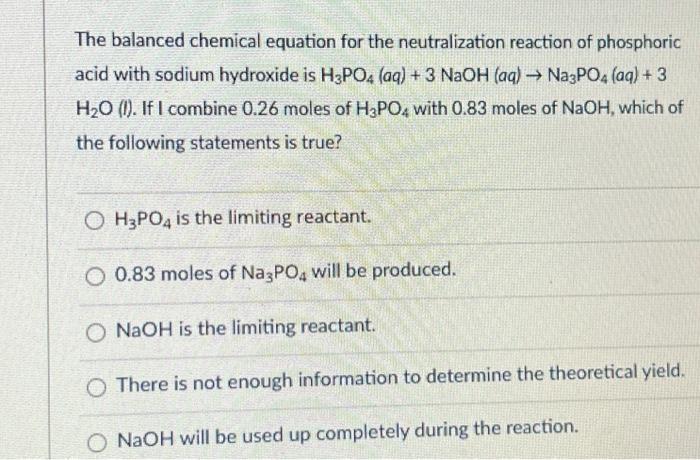 Solved The balanced chemical equation for the neutralization | Chegg.com