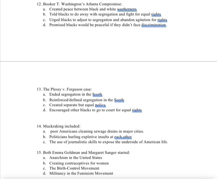 12. Booker T. Washington's Atlanta Compromise: a. | Chegg.com