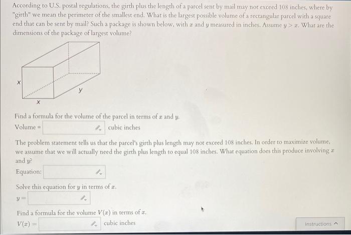 Solved According to U.S. postal regulations, the girth plus | Chegg.com