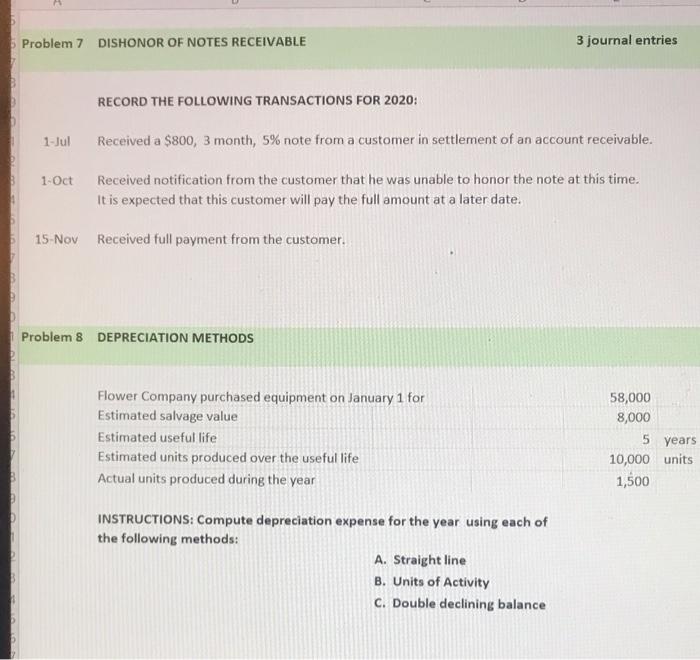 Solved Problem 7 DISHONOR OF NOTES RECEIVABLE 3 journal | Chegg.com