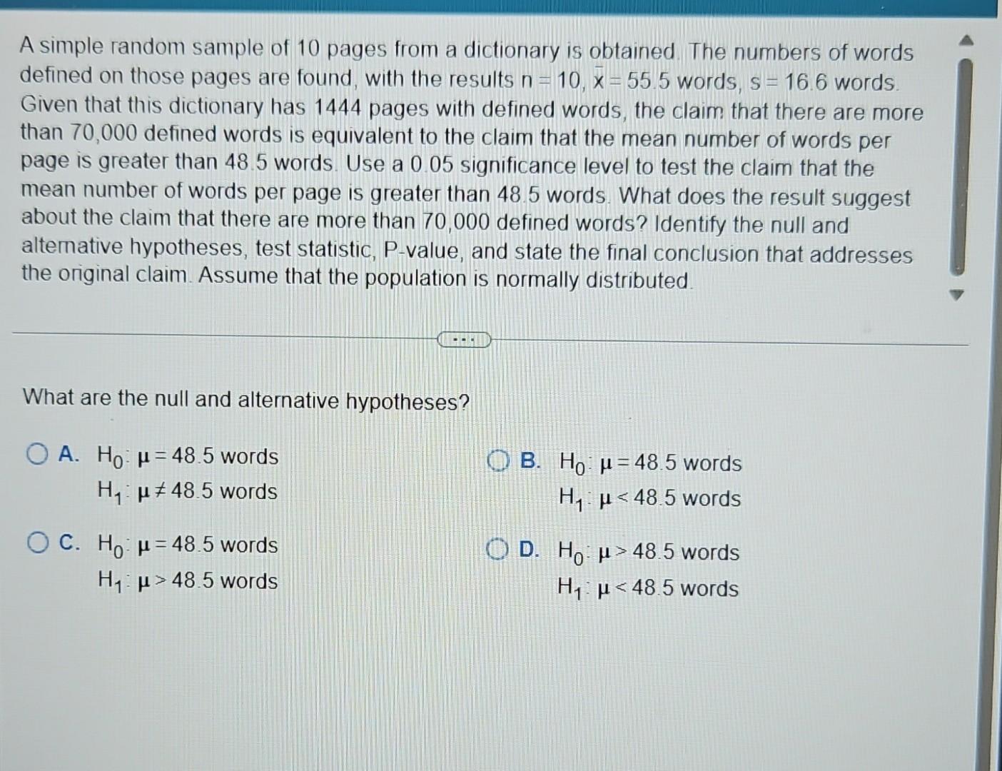 Solved A simple random sample of 10 pages from a dictionary | Chegg.com