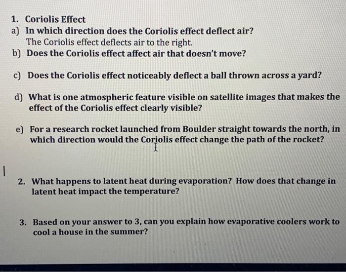 Solved 1. Coriolis Effect a) In which direction does the | Chegg.com