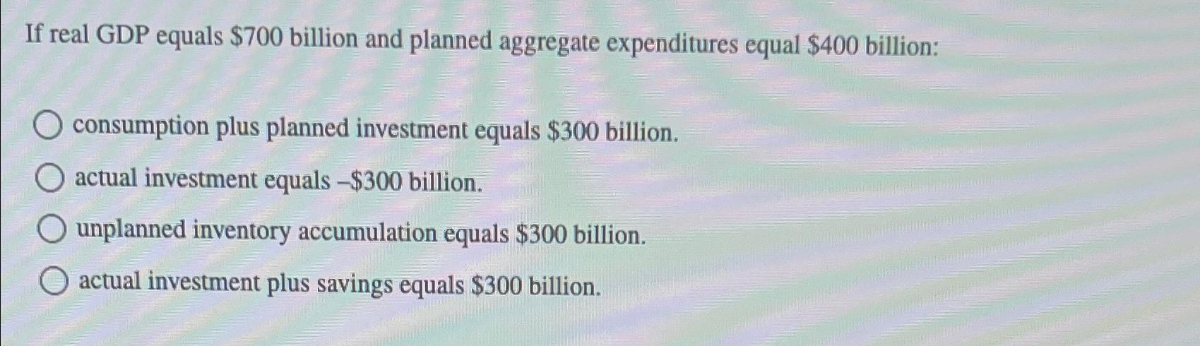 Solved If real GDP equals $700 ﻿billion and planned | Chegg.com