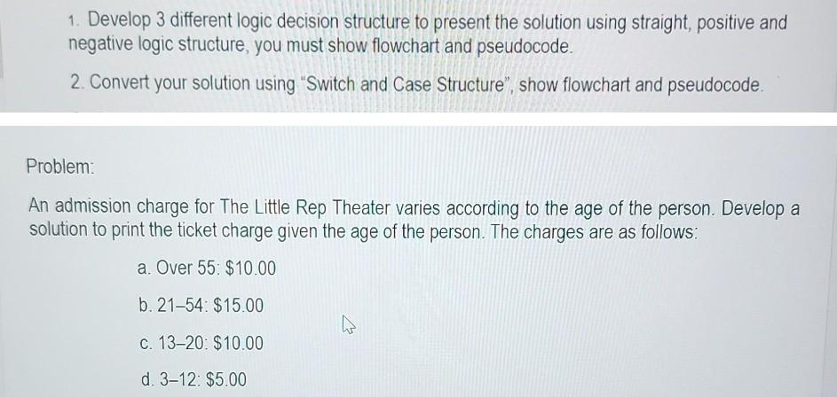 Solved 1. Develop 3 different logic decision structure to | Chegg.com