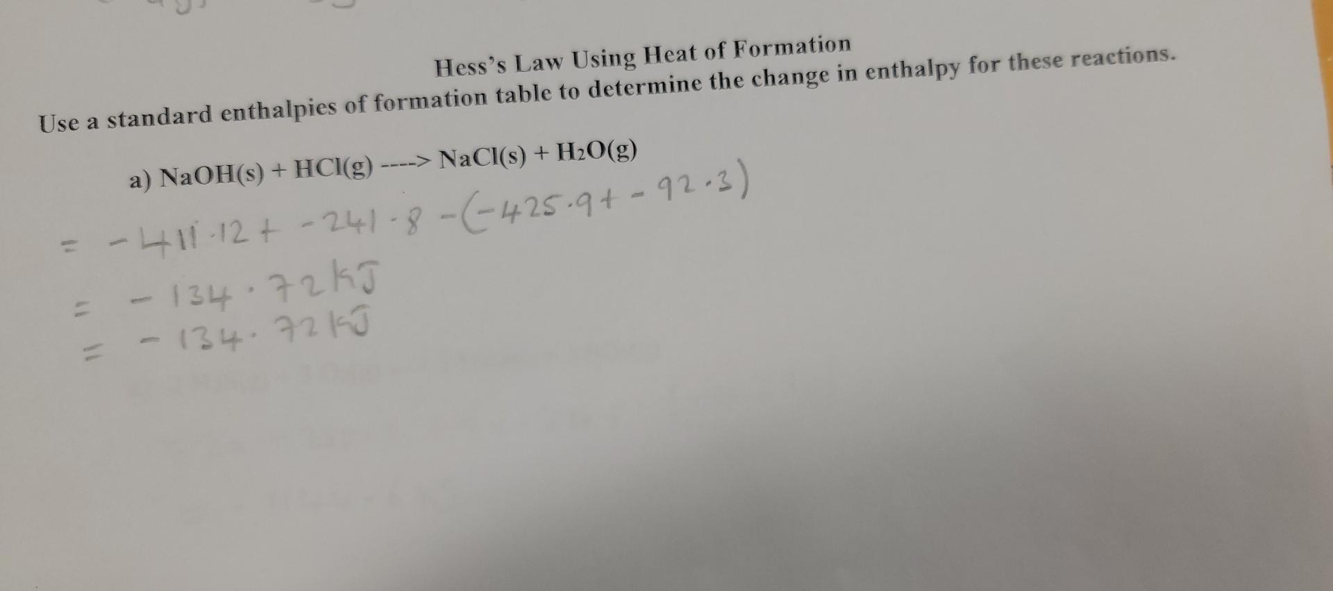 Solved Hess's Law Using Heat of Formation Use a standard | Chegg.com