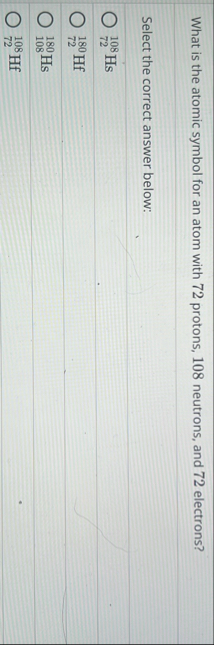 [Solved]: What is the atomic symbol for an atom with 72 prot