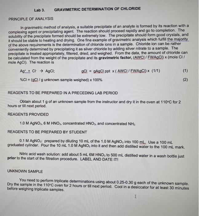 Solved Experiment: Gravimetric Determination of ChlorideI | Chegg.com
