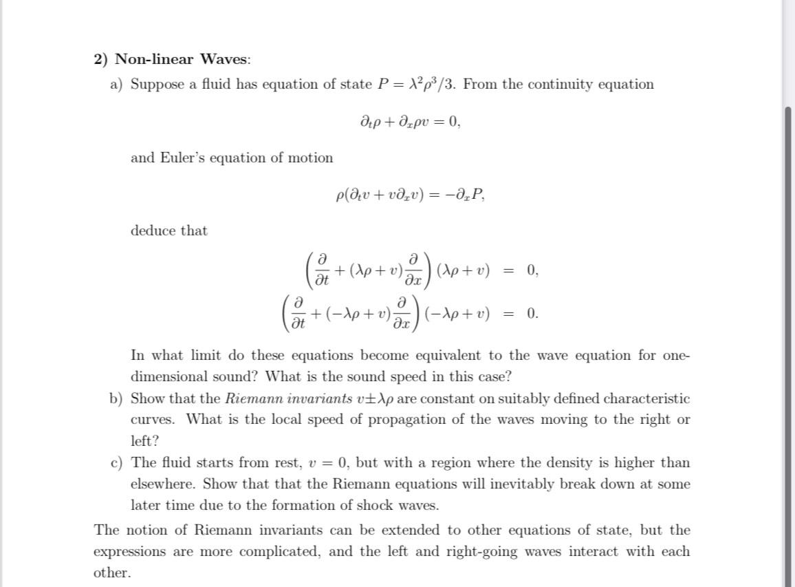 Solved Non-linear Waves:a) ﻿Suppose a fluid has equation of | Chegg.com