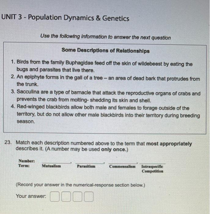 Solved UNIT 3 - Population Dynamics & Genetics Use the | Chegg.com