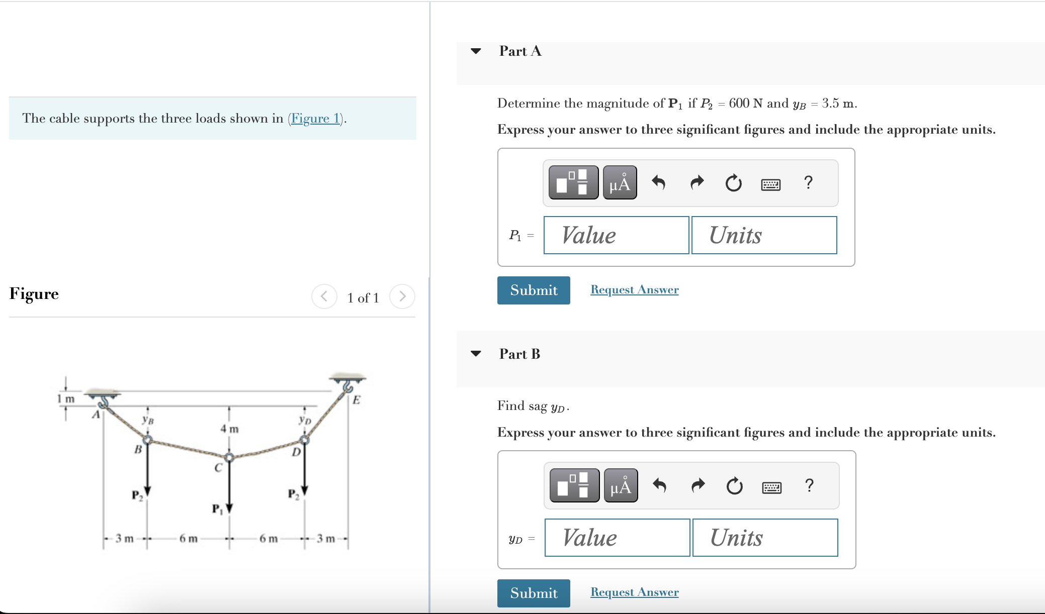 Solved pls help!Part AThe cable supports the three loads | Chegg.com