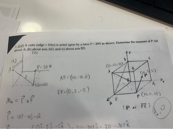 Solved [20] A cube (edge - 10m) is acted upon by a force | Chegg.com