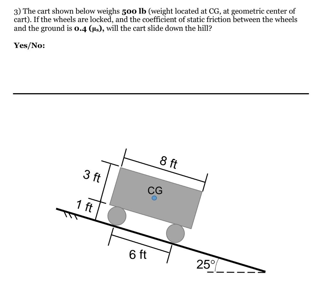 Solved 3) The cart shown below weighs 500 lb (weight located | Chegg.com