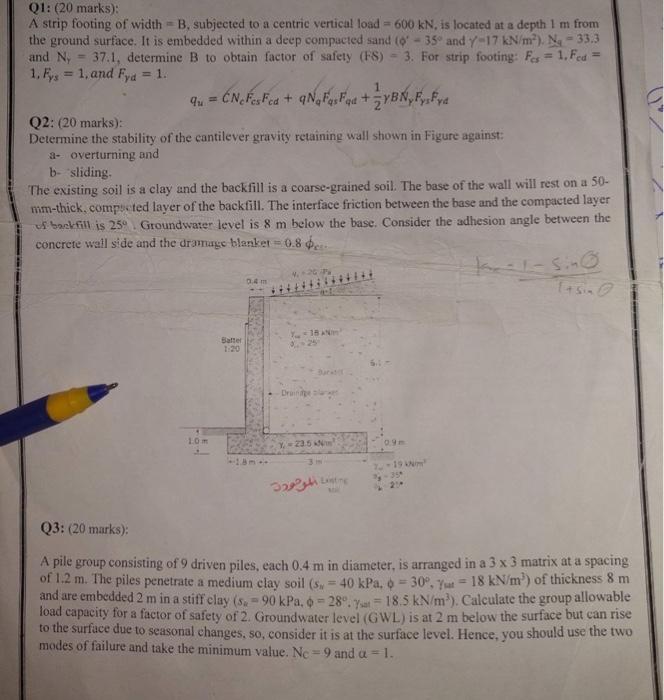 Solved Q1: (20 marks): A strip footing of width =B, | Chegg.com