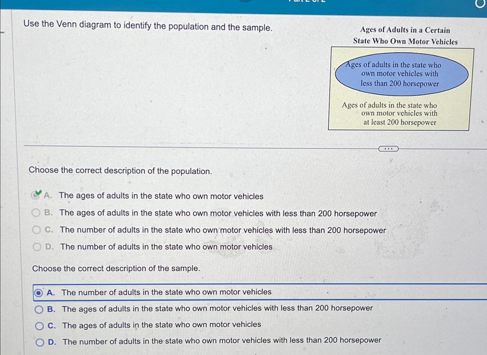 Solved Use the Venn diagram to identify the population and | Chegg.com