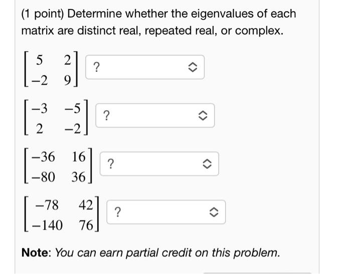 Solved (1 point) Determine whether the eigenvalues of each | Chegg.com