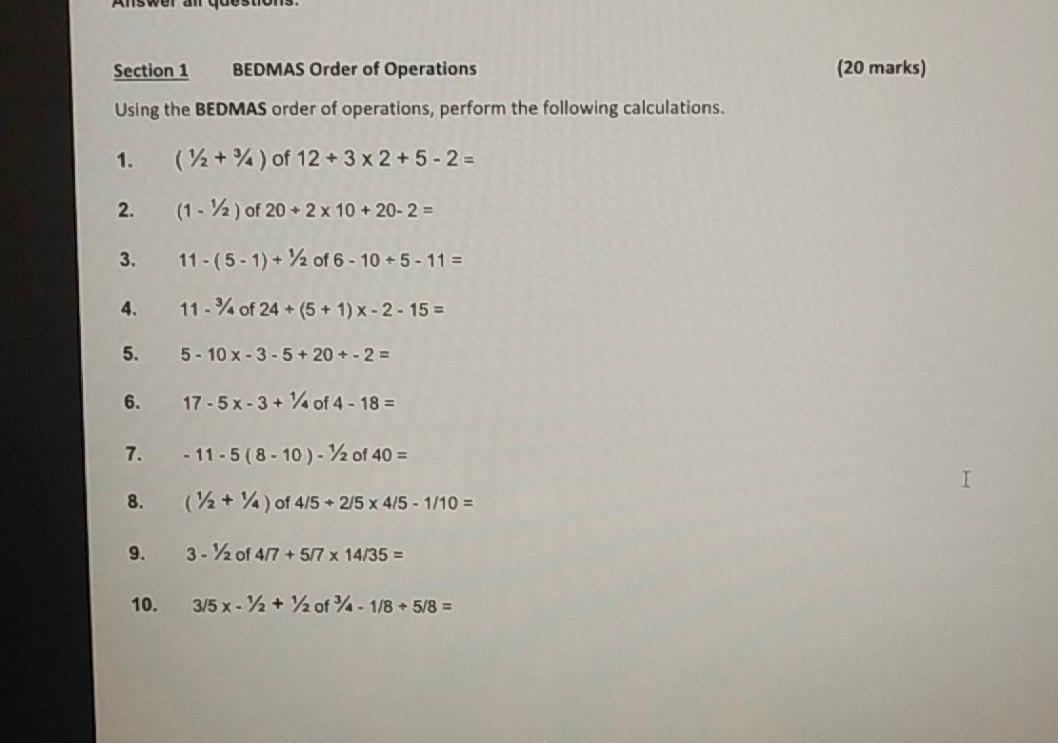 Solved (20 marks) Section 1 BEDMAS Order of Operations Using | Chegg.com